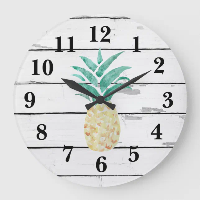 Pineapple Illustration Decor Rustic Shiplap Large Clock | Zazzle