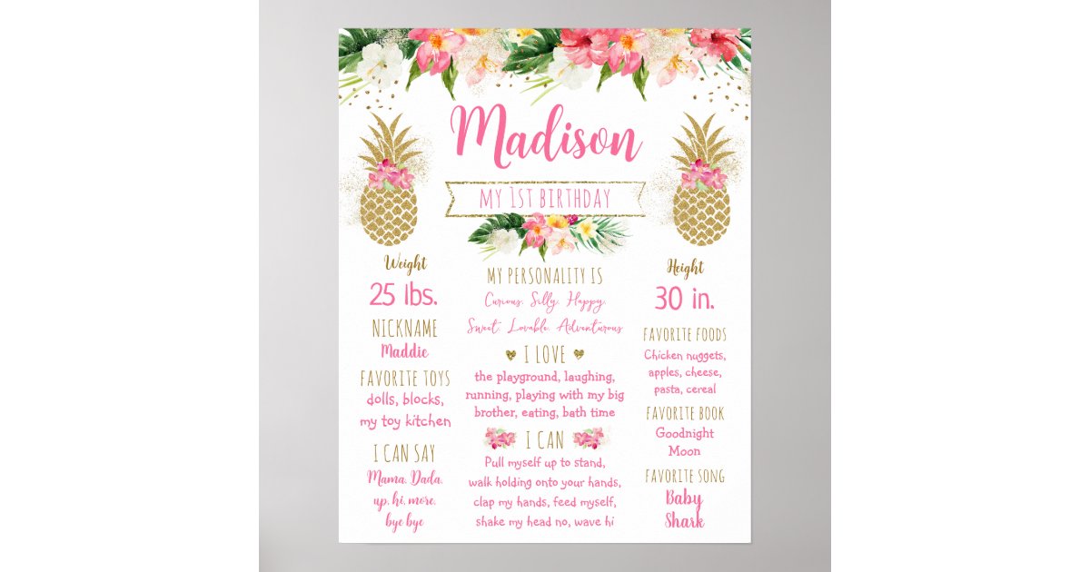 Pineapple Pink Gold First Birthday Milestone Poster | Zazzle