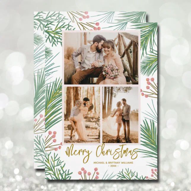 Pines Berries Multi Photo Holiday Card | Zazzle