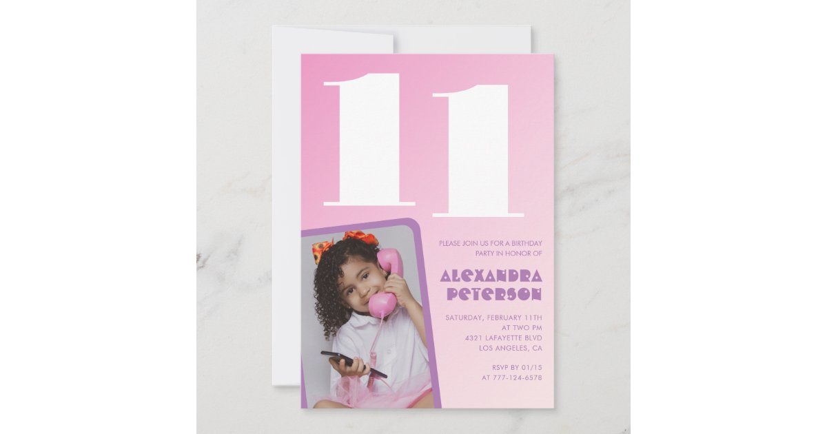 Pink 11th birthday invitations Girl Retro Photo | Zazzle