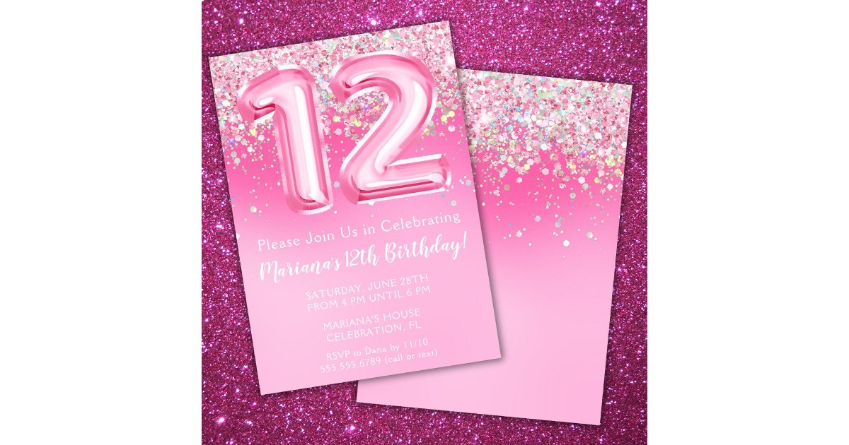 Pink 12th Birthday Invitation Girly Pink Glitter | Zazzle