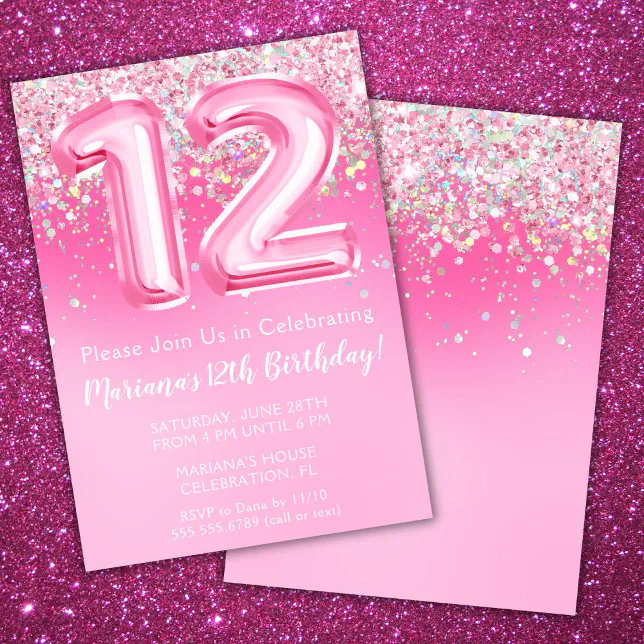Pink 12th Birthday Invitation Girly Pink Glitter | Zazzle