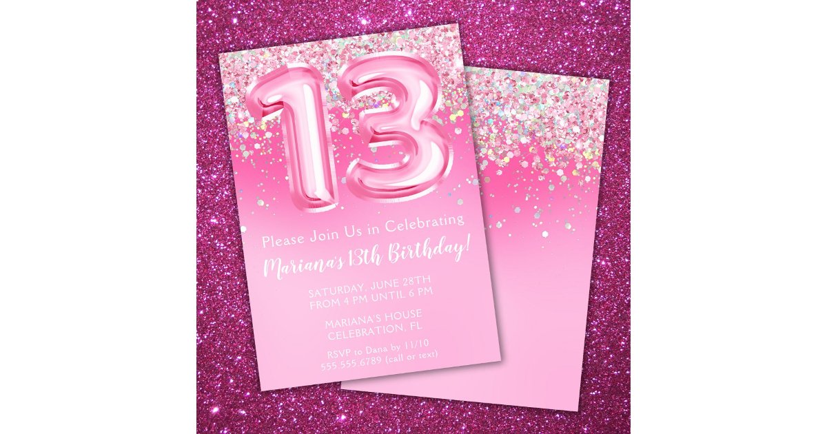 Pink 13th Birthday Invitation Girly Pink Glitter | Zazzle
