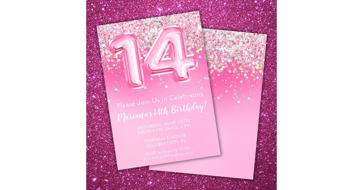 Pink 14th Birthday Invitation Girly Pink Glitter | Zazzle