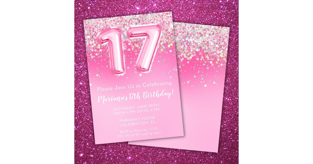 Pink 17th Birthday Invitation Girly Pink Glitter | Zazzle