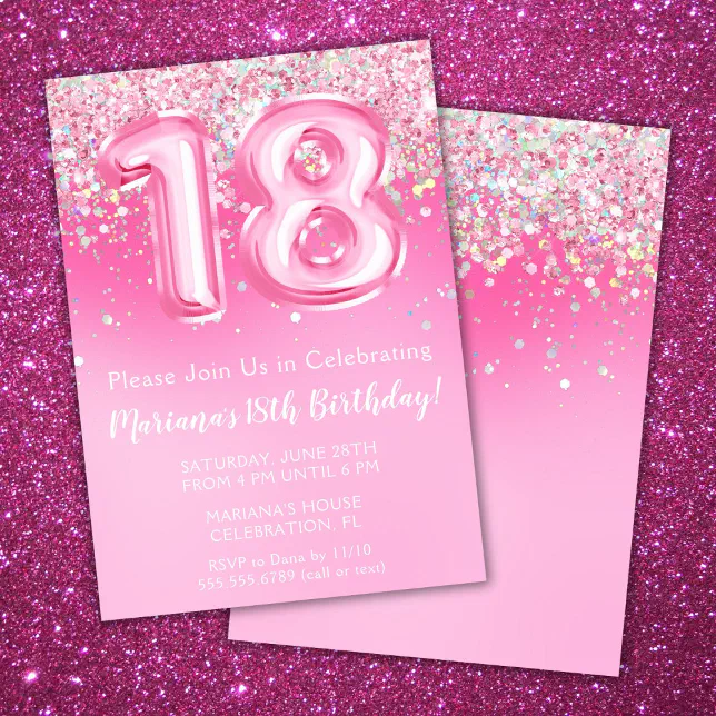 Pink 18th Birthday Invitation Girly Pink Glitter | Zazzle