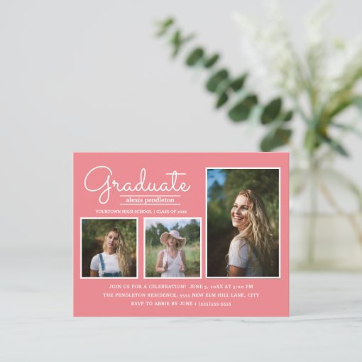 Pink 3-Photo Graduation Party Postcard | Zazzle