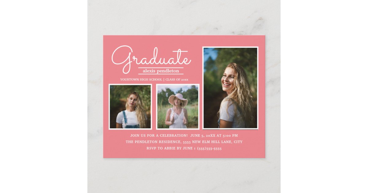 Pink 3-Photo Graduation Party Postcard | Zazzle