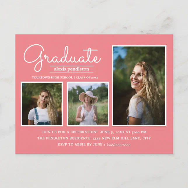 Pink 3-Photo Graduation Party Postcard | Zazzle