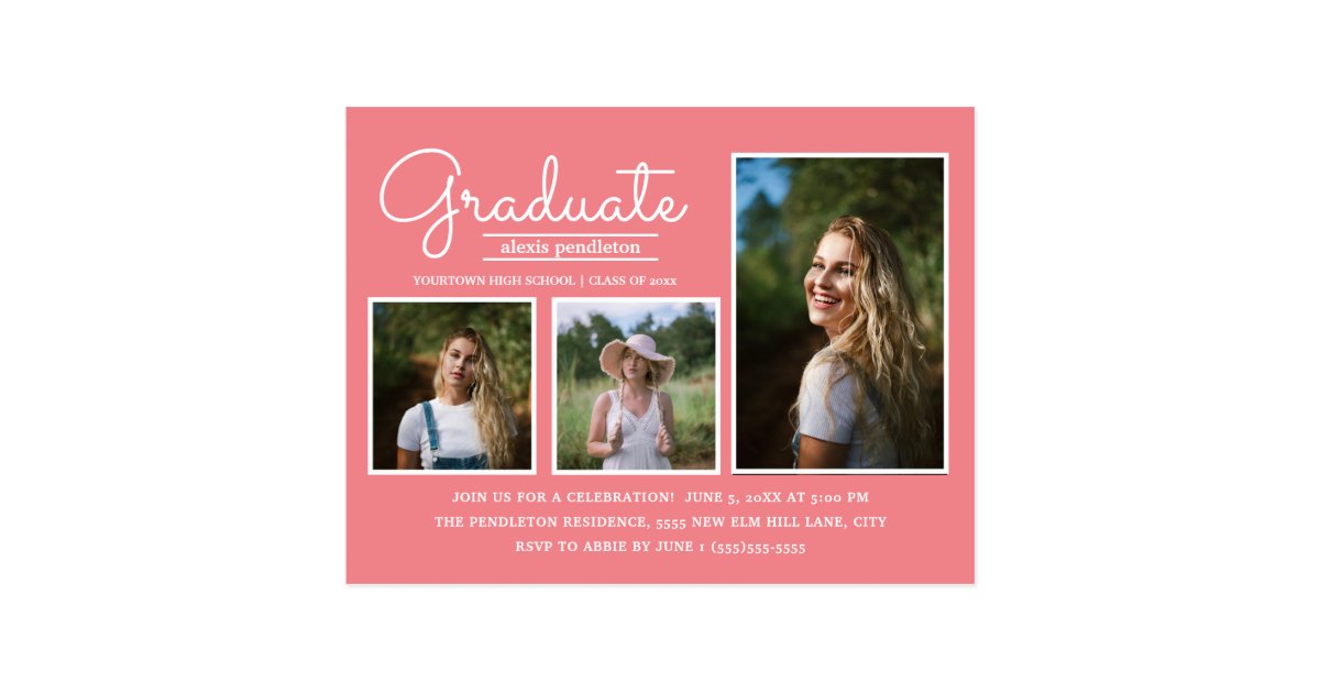 Pink 3-Photo Graduation Party Postcard | Zazzle.com
