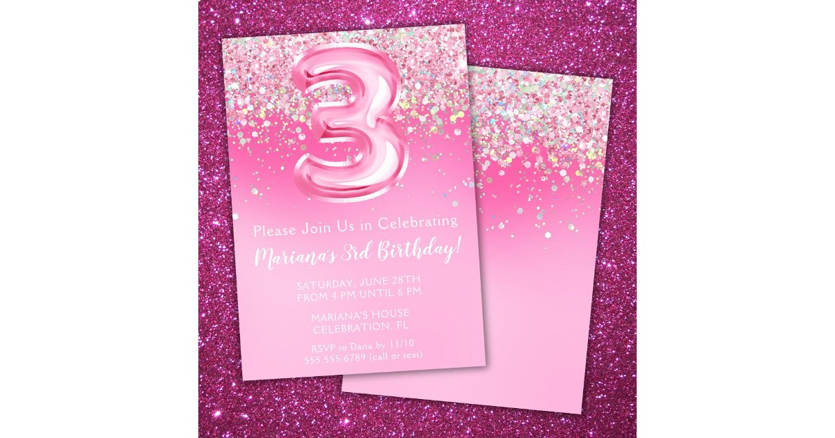 Pink 3rd Birthday Invitation Girly Pink Glitter | Zazzle