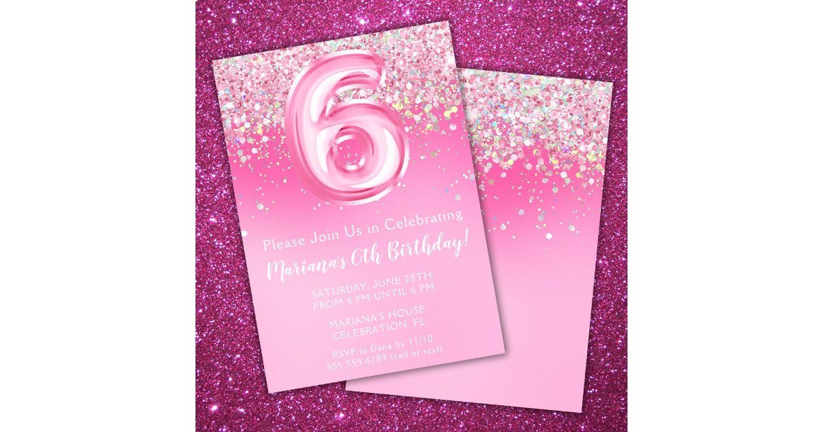 Pink 6th Birthday Invitation Girly Pink Glitter | Zazzle