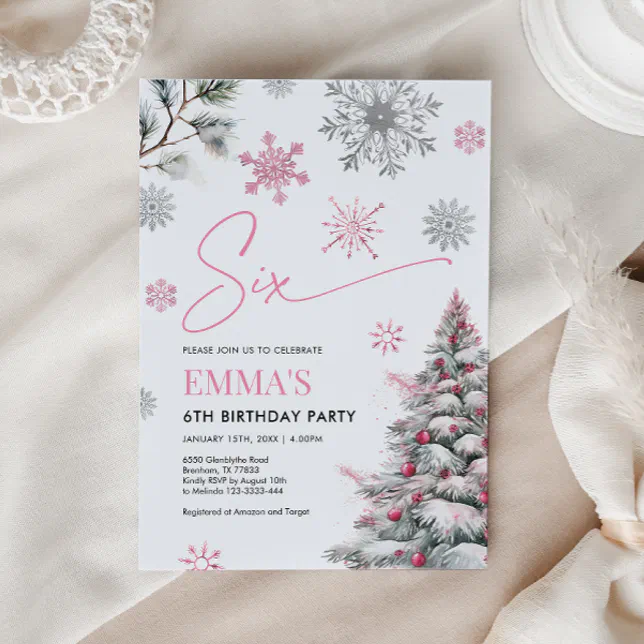 Pink 6th Birthday Invitation, Winter Six Birthday Invitation | Zazzle