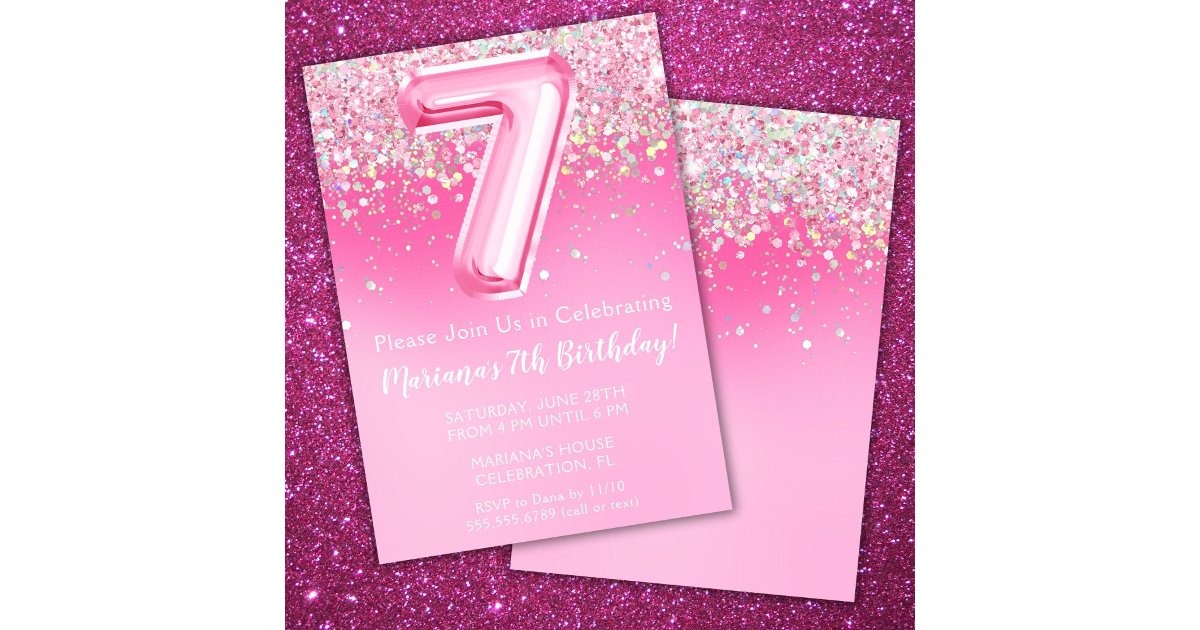 Pink 7th Birthday Invitation Girl Pink Glitter | Zazzle