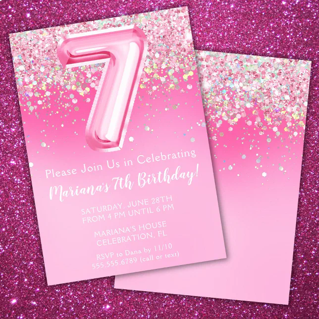 Pink 7th Birthday Invitation Girl Pink Glitter | Zazzle