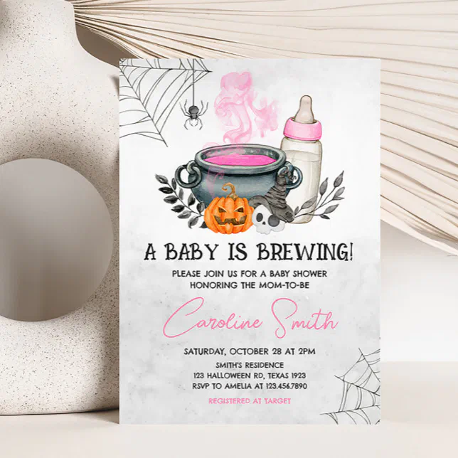 Pink A Baby is Brewing Halloween Baby Shower Invitation | Zazzle