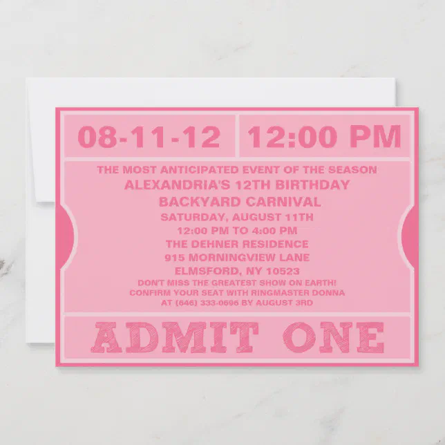 Pink Admit One Ticket Invitation Birthday Party | Zazzle