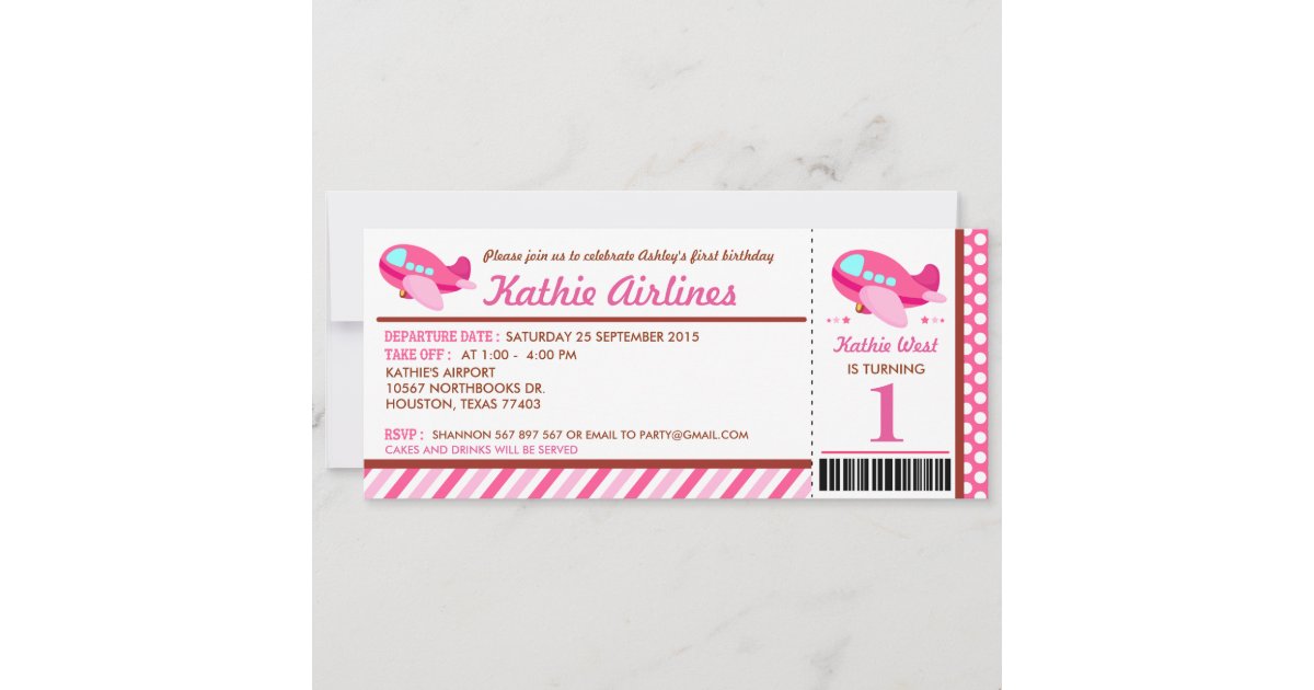 Pink Airplane Ticket Birthday Party Invitation | Zazzle
