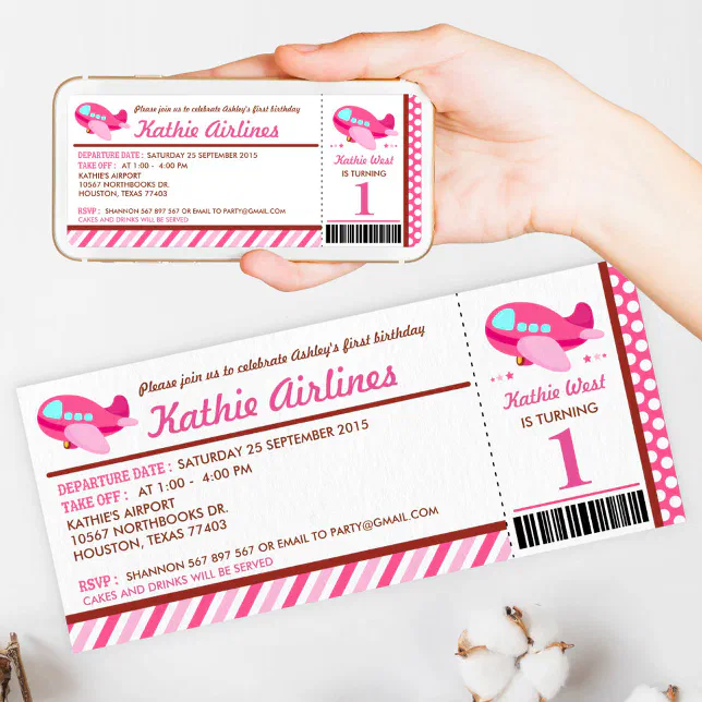 Pink Airplane Ticket Birthday Party Invitation | Zazzle