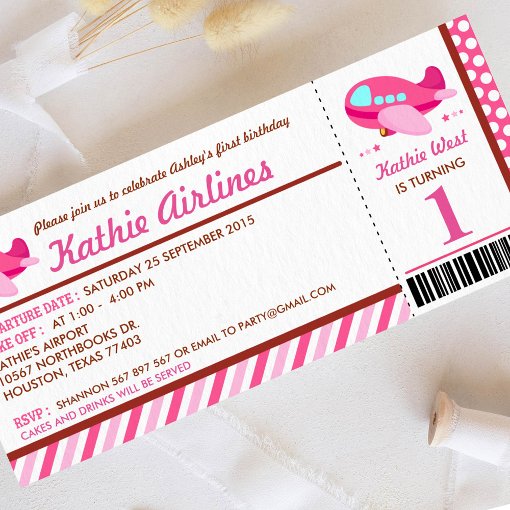 Pink Airplane Ticket Birthday Party Invitation | Zazzle