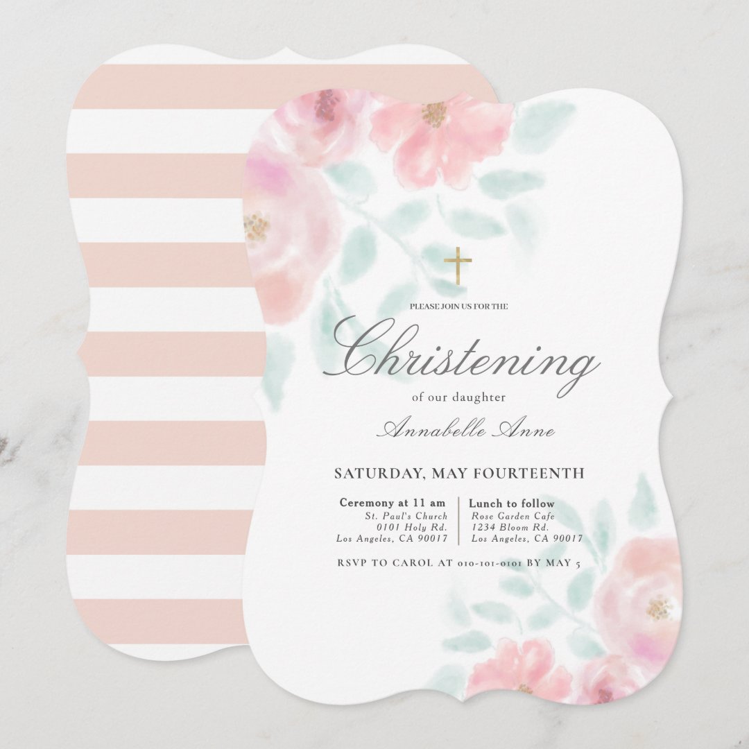 Pink Airy Roses Floral Girl Christening Invitation | Zazzle