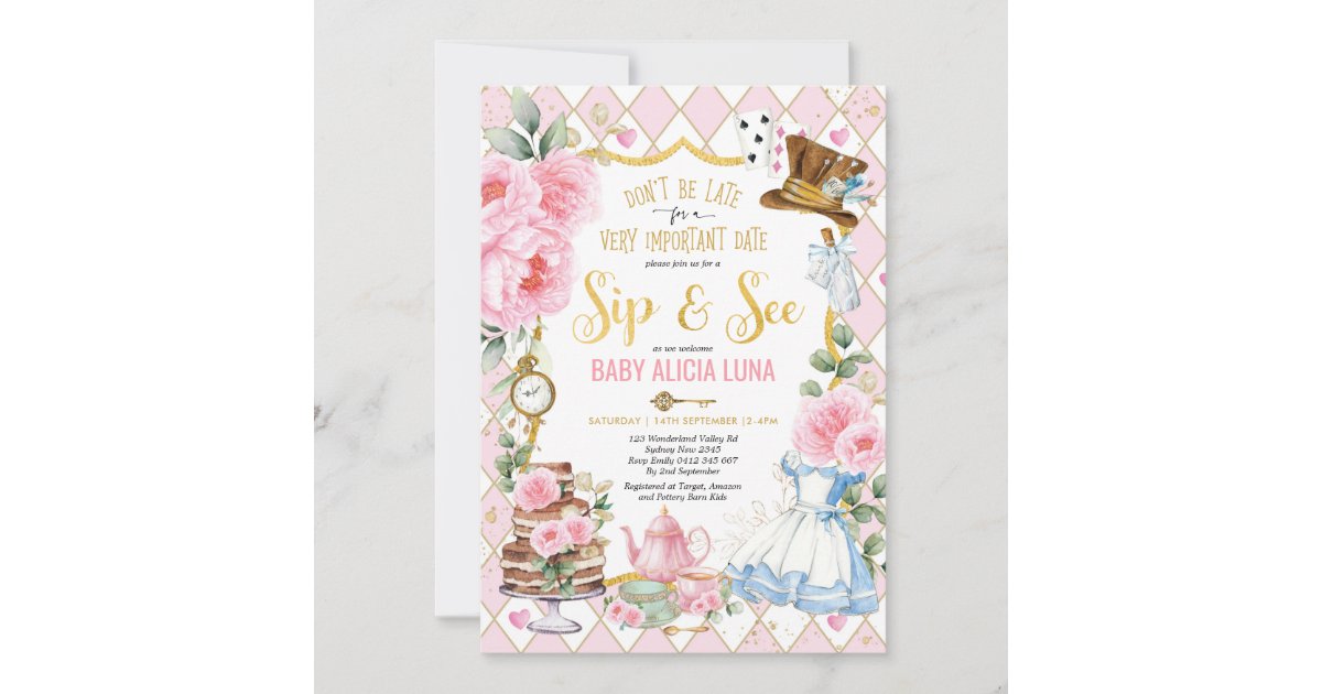 Pink Alice in Wonderland Sip & See Baby Shower Tea Invitation | Zazzle
