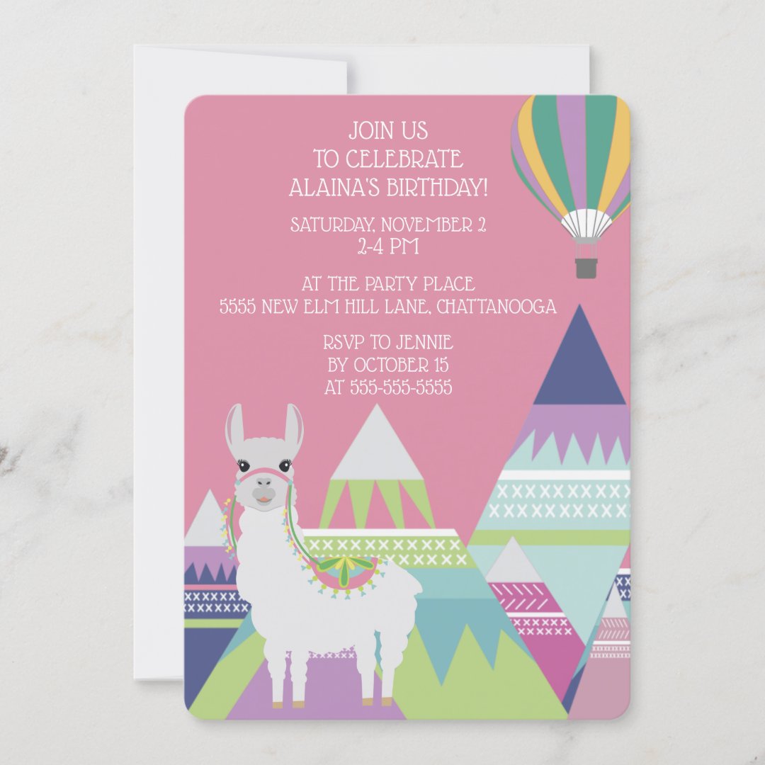 Pink Alpaca Balloon Little Girl Birthday Invitation | Zazzle