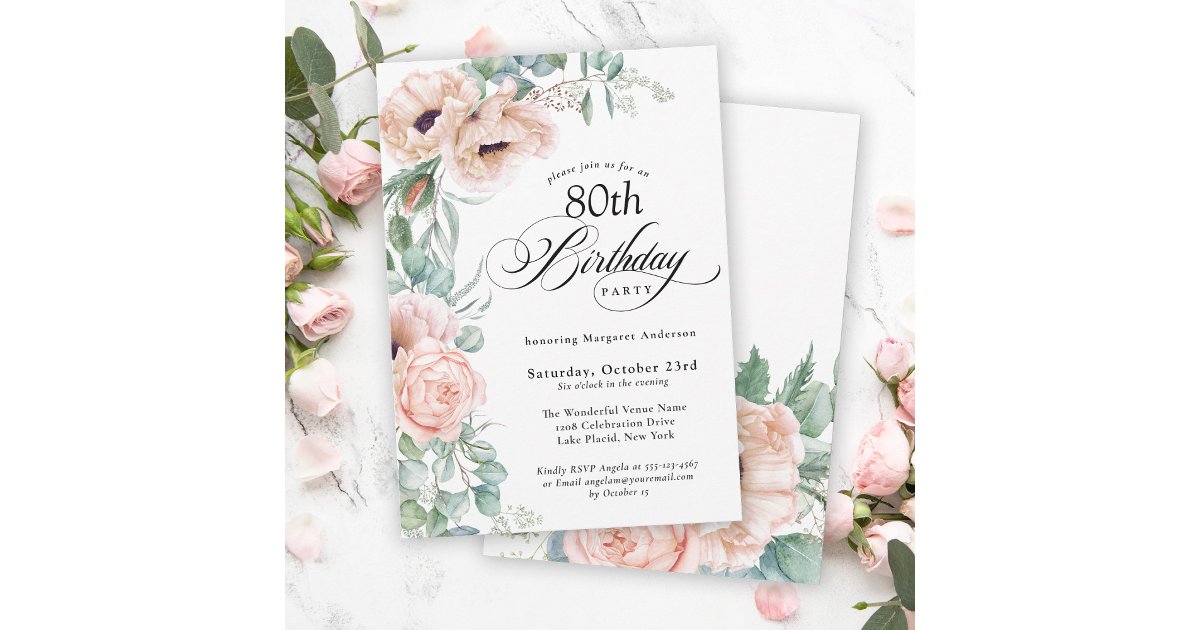Pink and Beige Watercolor Floral 80th Birthday Invitation | Zazzle