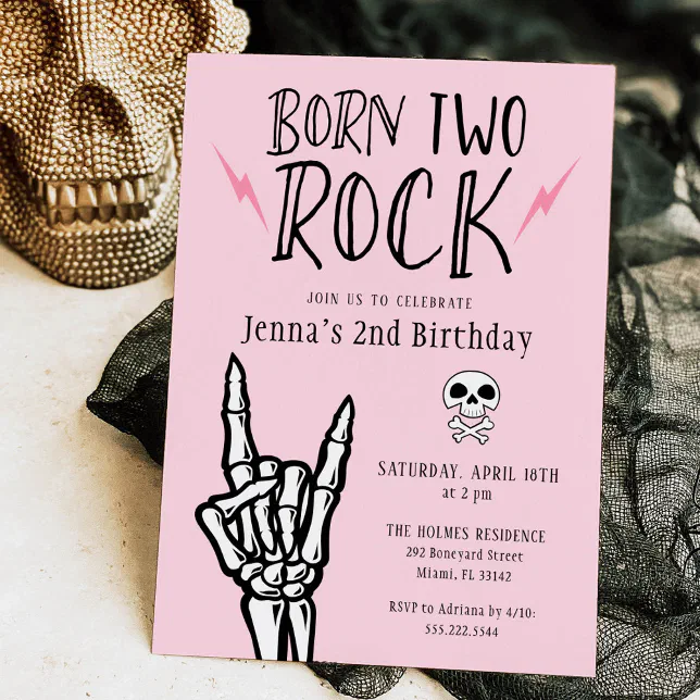 Pink and Black Born Two Rock 2nd Birthday Party Invitation | Zazzle