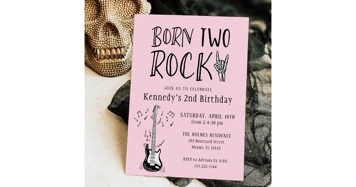 Pink and Black Born Two Rock Guitar 2nd Birthday Invitation | Zazzle