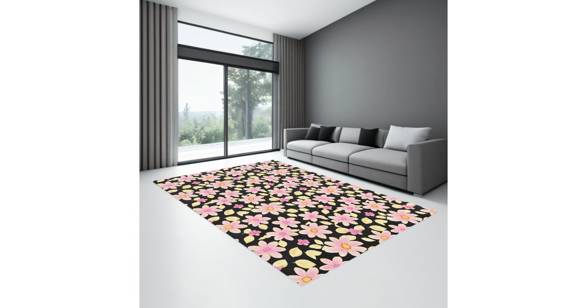 Pink and Black Flower Pattern Rug | Zazzle