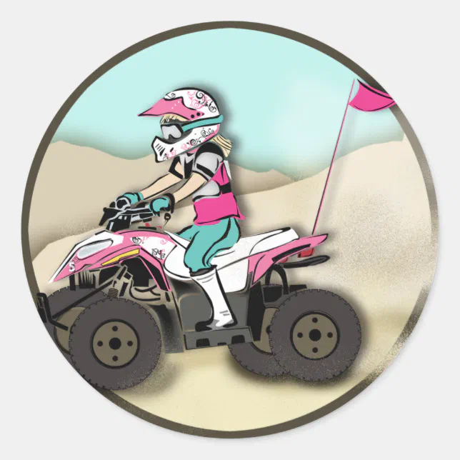 Pink and Black Girl ATV Rider Classic Round Sticker | Zazzle