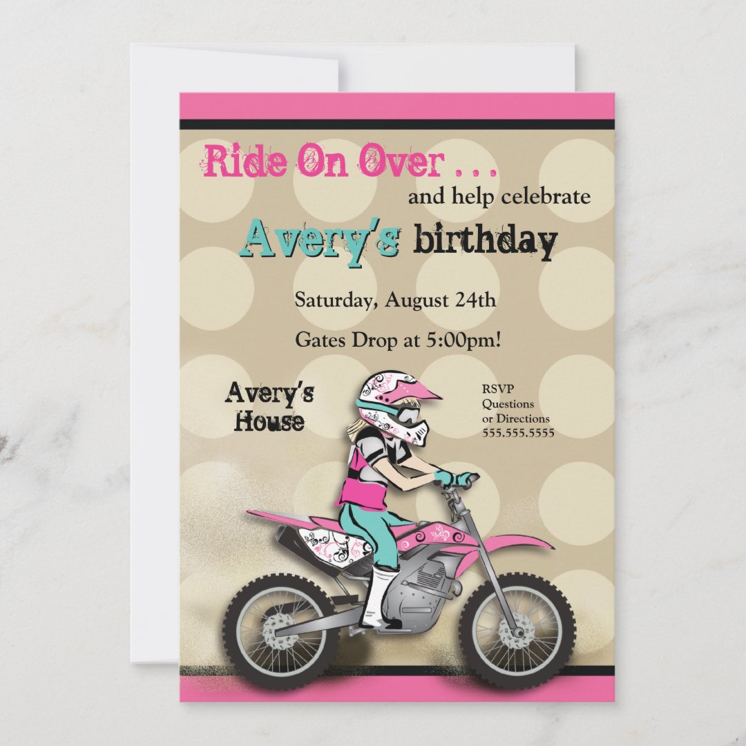 Pink and Black Girl Dirt Bike Rider Invitation | Zazzle