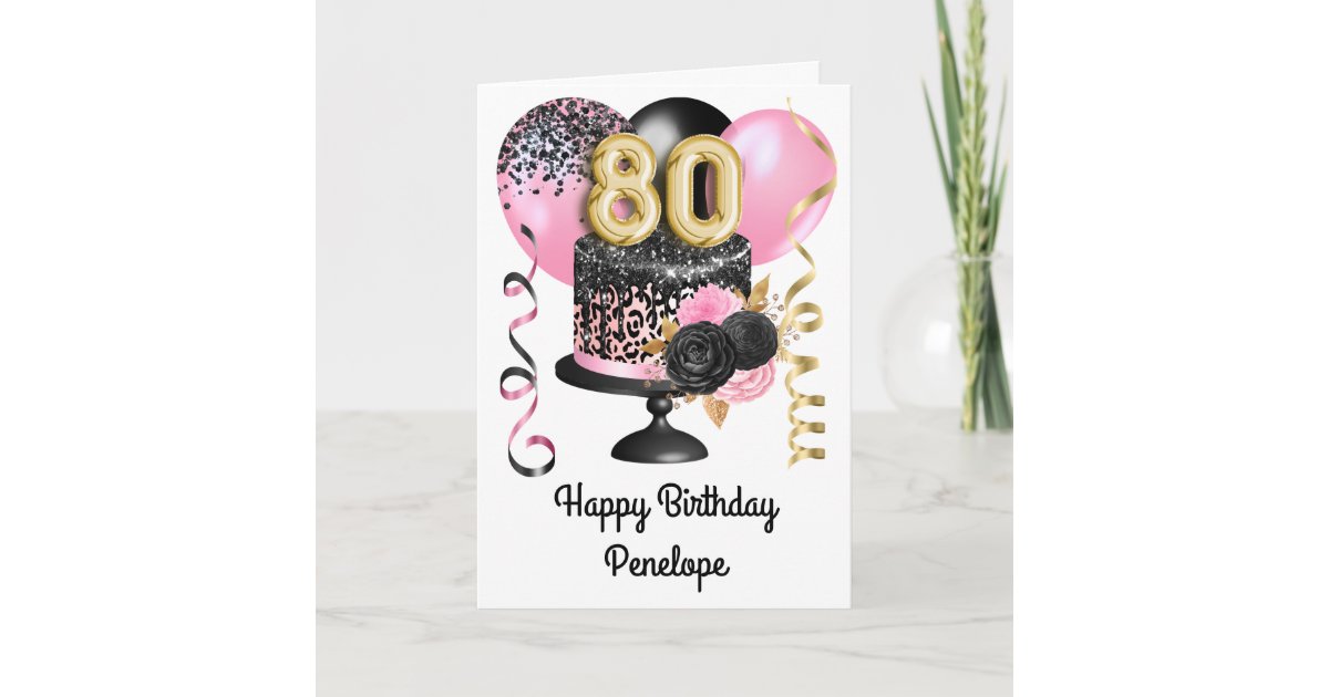 Pink and Black Gold 80th Birthday Card | Zazzle