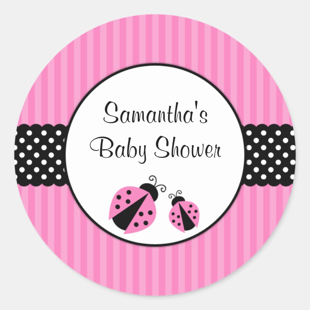 Pink and Black Ladybug Striped Dots Baby Shower Classic Round Sticker ...