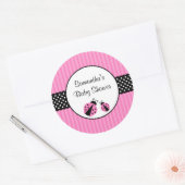 Pink and Black Ladybug Striped Dots Baby Shower Classic Round Sticker ...