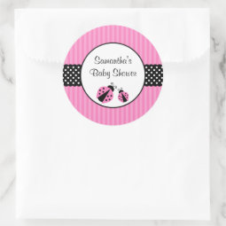 Pink and Black Ladybug Striped Dots Baby Shower Classic Round Sticker ...
