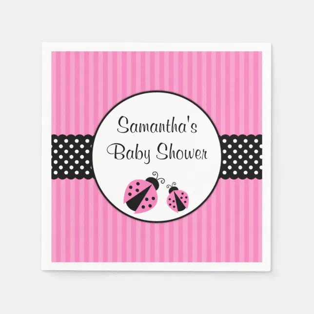 Pink and Black Ladybug Striped Dots Baby Shower Paper Napkins | Zazzle