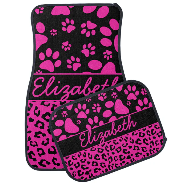Pink and Black Leopard Print and Paws Personalized Car Mat | Zazzle