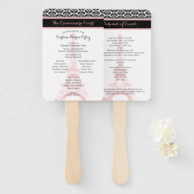 Pink and Black Paris Quinceanera Program Hand Fan | Zazzle