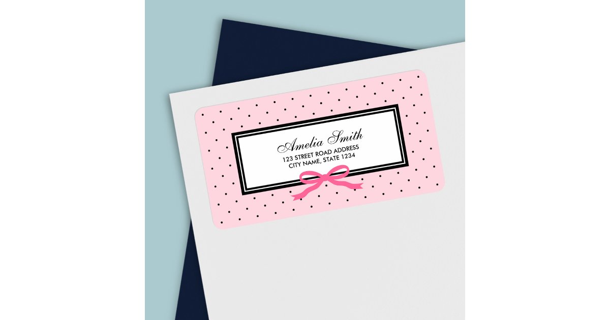 Pink and Black Polka Dot with Pink Ribbon Address Label | Zazzle