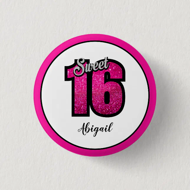 Pink and Black Sweet 16 Birthday Glitter Button | Zazzle