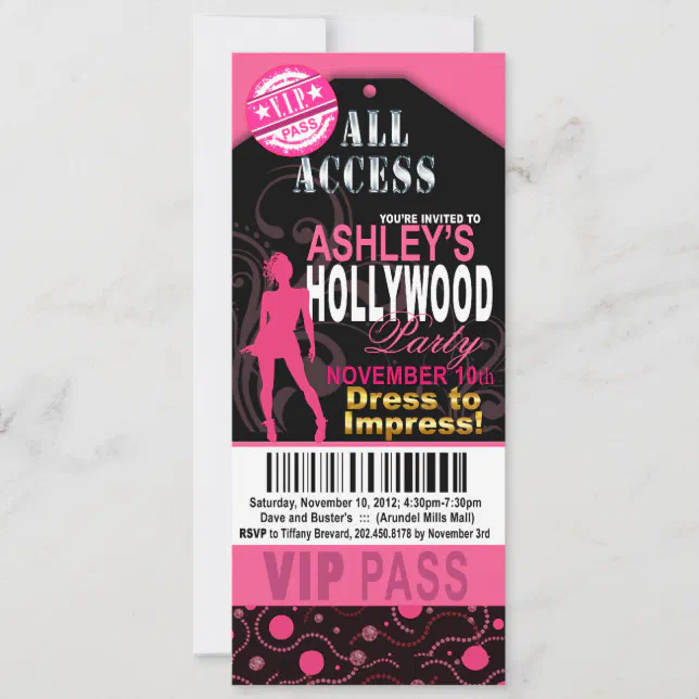 Pink and Black VIP Hollywood Ticket Party Invitation | Zazzle