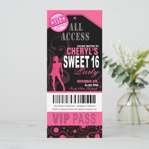 Pink and Black VIP Sweet 16 Ticket Party Invitation | Zazzle
