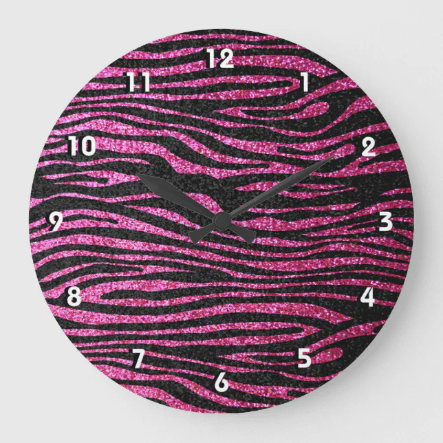 Pink and Black Zebra Print bling (faux glitter) Large Clock | Zazzle