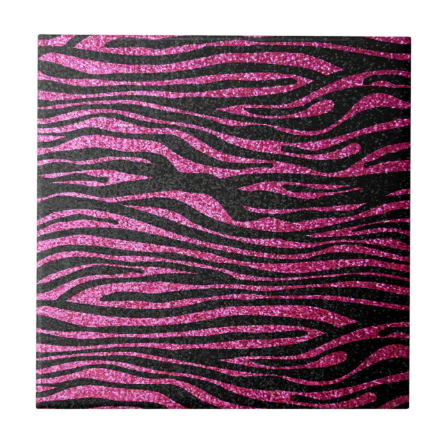 Pink and Black Zebra Print bling (faux glitter) Tile | Zazzle