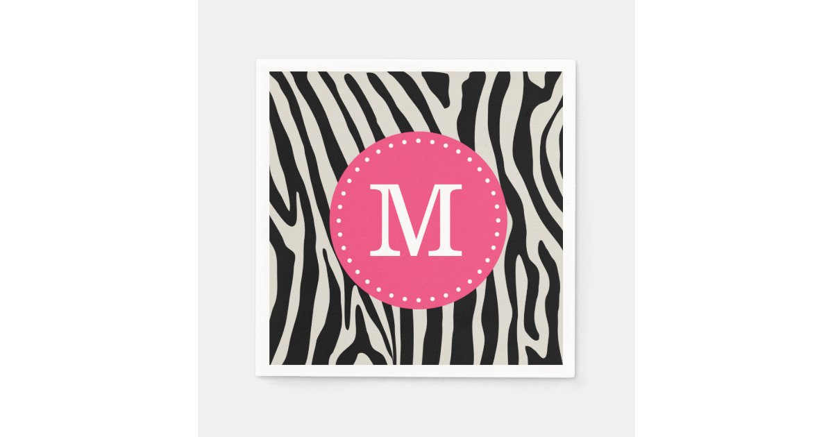 Pink and Black Zebra Stripe Custom Monogram Paper Napkins | Zazzle