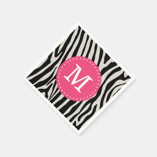 Pink and Black Zebra Stripe Custom Monogram Paper Napkins | Zazzle