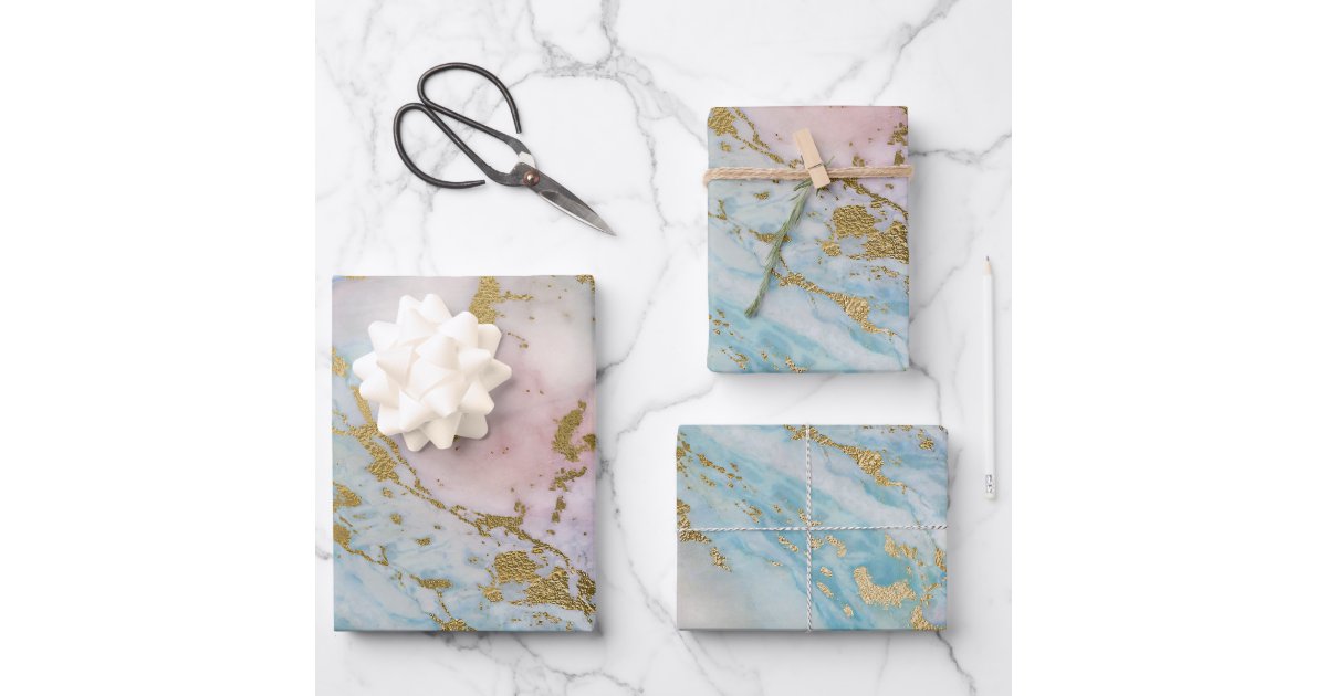 Pink and Blue and Gold Marble Look Wrapping Paper Sheets | Zazzle