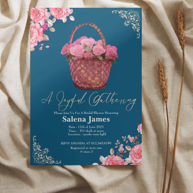 Pink and blue basket floral bridal shower invitation | Zazzle